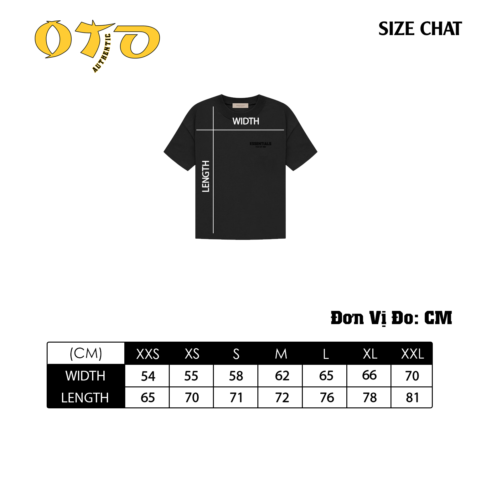Bảng Size ESSENTIALS - OTO AuthenTic